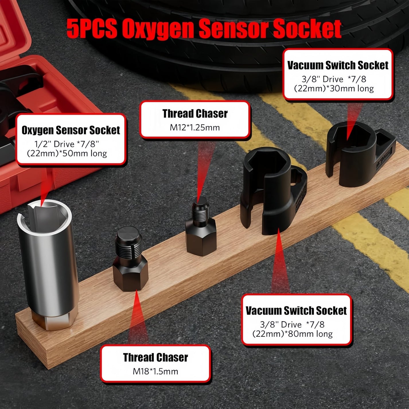 O2 Sensor Socket Set - 3/8" & 1/2" Drive, 7/8" & 22mm O2 Sensor Wrench ...